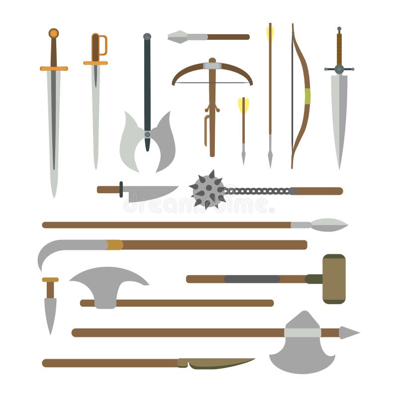 Set of Different Medieval Weapons Vector Flat Illustrations. Stock ...