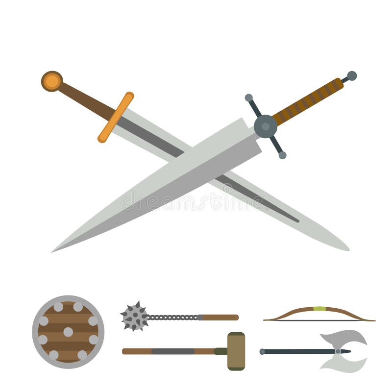 Set of Different Medieval Weapons Vector Flat Illustrations. Stock ...