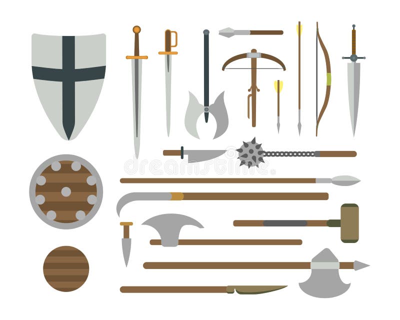 Set of Different Medieval Weapons Vector Flat Illustrations. Stock ...