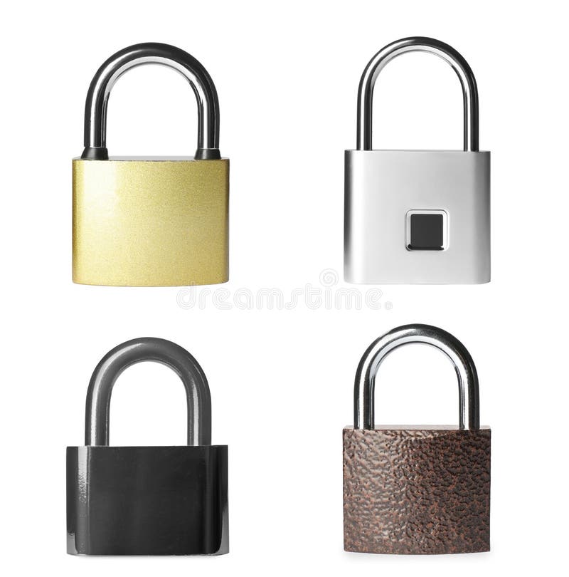 Set with Different Metal Padlocks on White Background Stock Photo ...