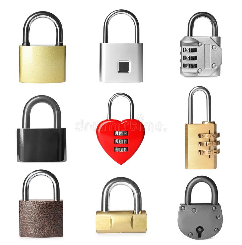 Set with Different Metal Padlocks on White Background Stock Photo ...