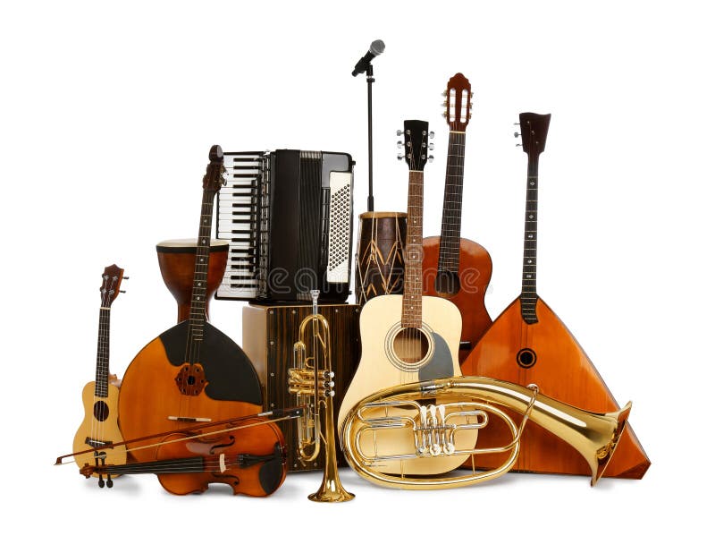 Set of Different Musical Instruments and Microphone on White Background ...