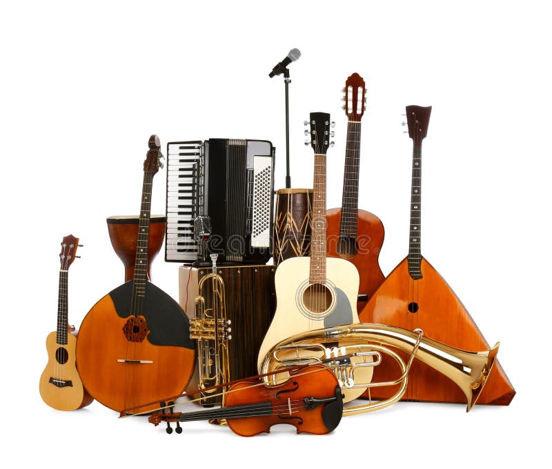 Set of Different Musical Instruments and Microphone on White Background ...