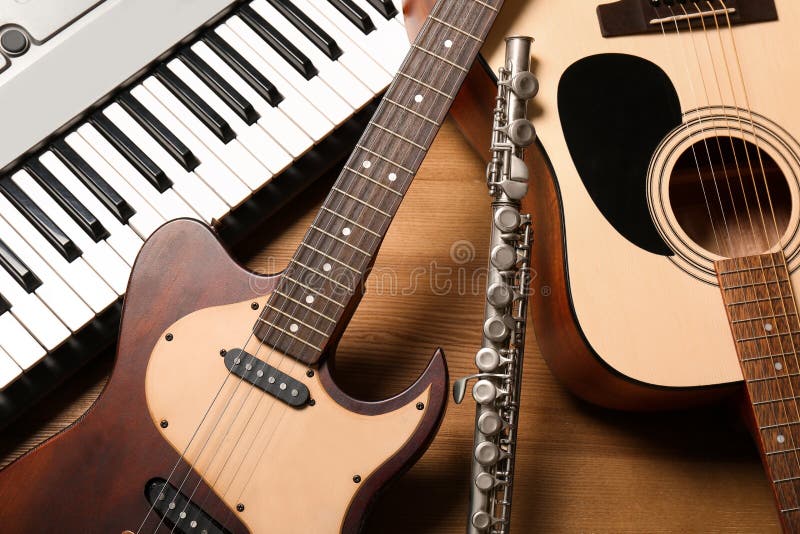 Set of Different Musical Instruments and Microphone on White Background ...