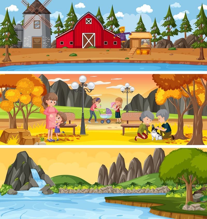 Set of Different Nature Landscape at Daytime Scene with Cartoon ...