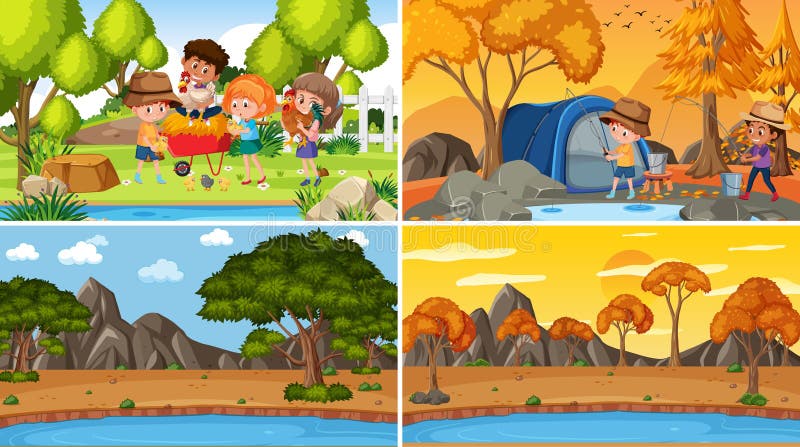 Set of Different Nature Scenes Background in Cartoon Style Stock Vector ...