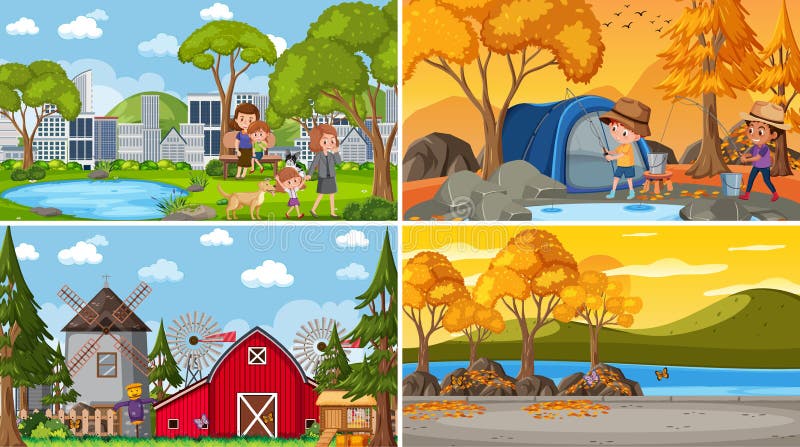 Set of Different Nature Scenes Cartoon Style Stock Vector ...