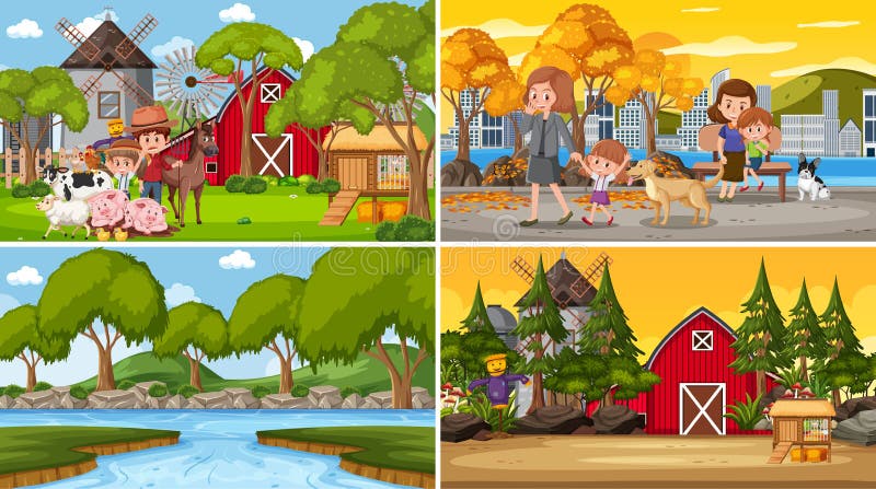 Set of Different Nature Scenes Cartoon Style Stock Vector ...