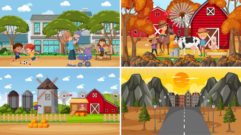 Set of Different Nature Scenes Cartoon Style Stock Vector ...