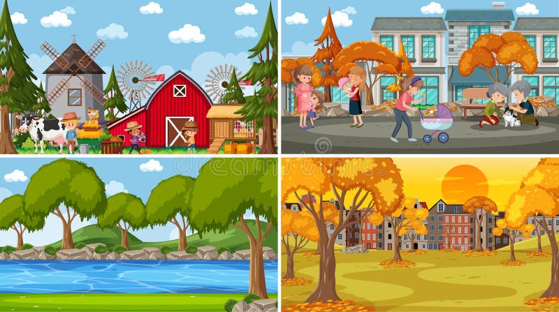 Set of Different Nature Scenes Cartoon Style Stock Vector ...