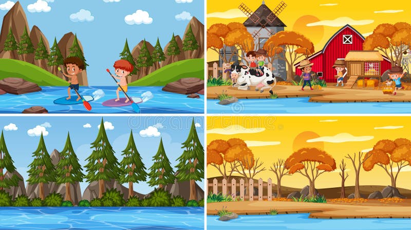 Set of Different Nature Scenes Cartoon Style Stock Vector ...