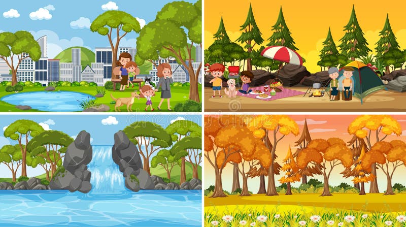Set of Different Nature Scenes Cartoon Style Stock Vector ...