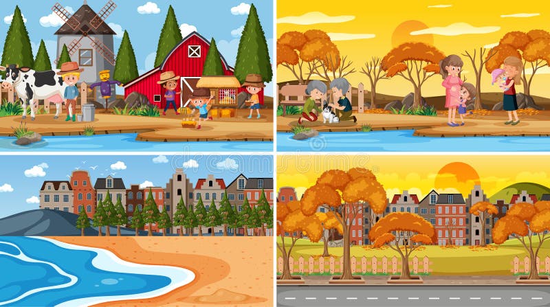 Set of Different Nature Scenes Cartoon Style Stock Vector ...