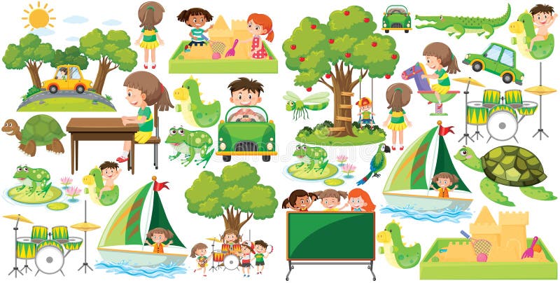 Set of Different Objects in Green Stock Vector - Illustration of ...