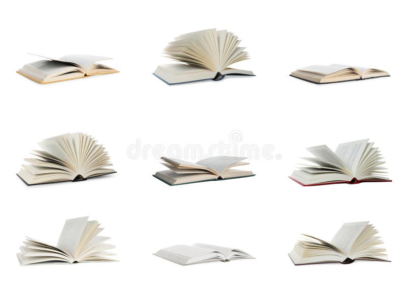 Set of Different Open Books Isolated on White Stock Image - Image of ...