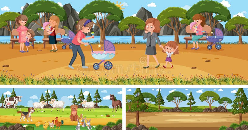 Set of Different Outdoor Landscape Scenes with Cartoon Character Stock ...