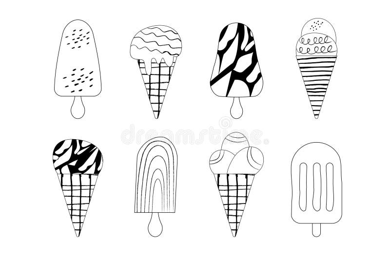 A Set Of Different Outline Hand Drawn Ice Creams Doodle Design Stock