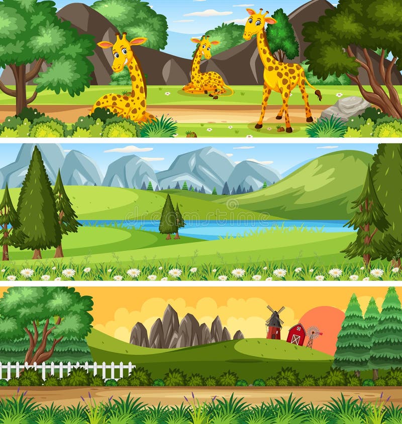 Set of Different Panoramic Nature Landscape with Cartoon Character ...