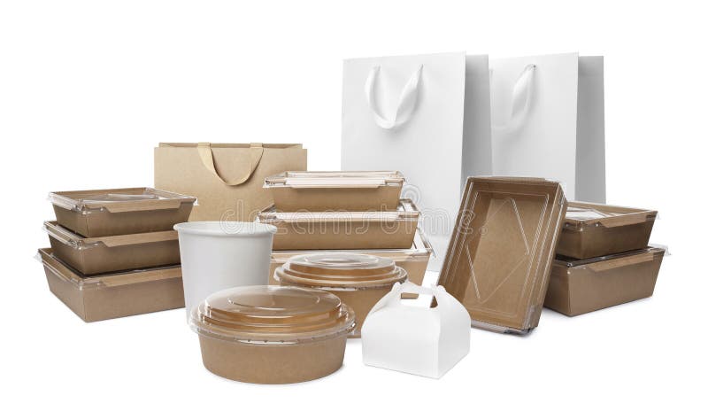 Set with Different Paper Bags and Containers for Food on White ...