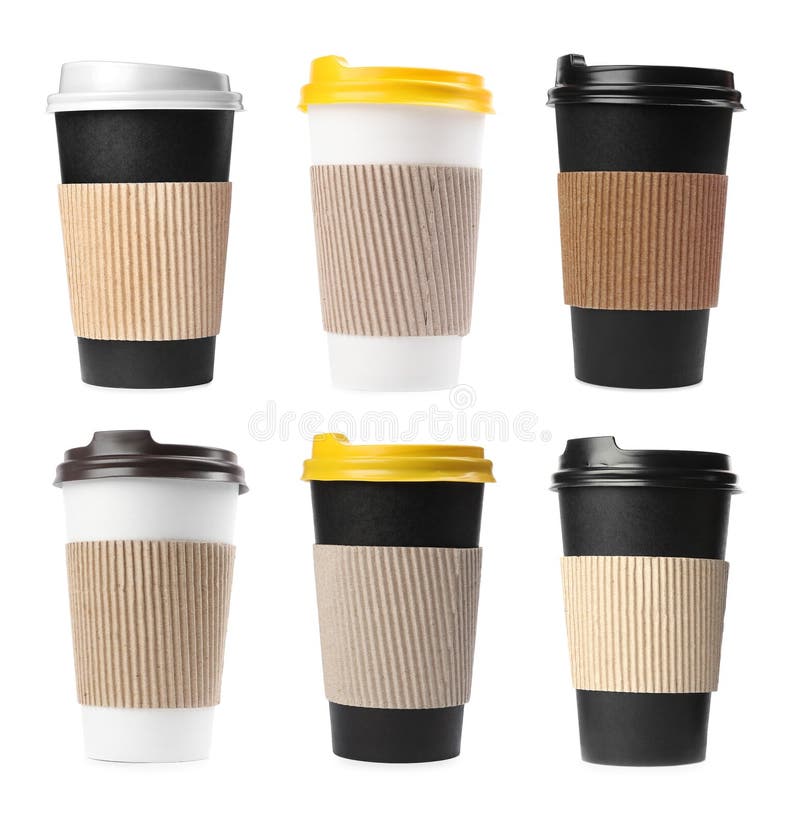 Set with Different Paper Coffee Cups on White Background Stock Photo ...