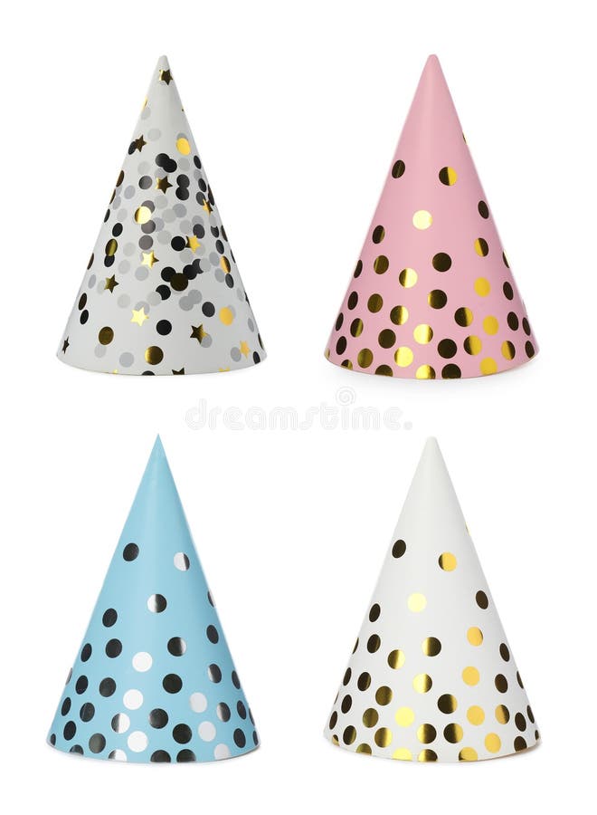 Set with Different Party Hats on White Background Stock Image - Image ...
