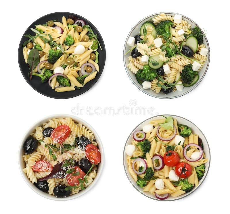 Set of Different Pasta Dishes Isolated on White, Top View Stock Image ...