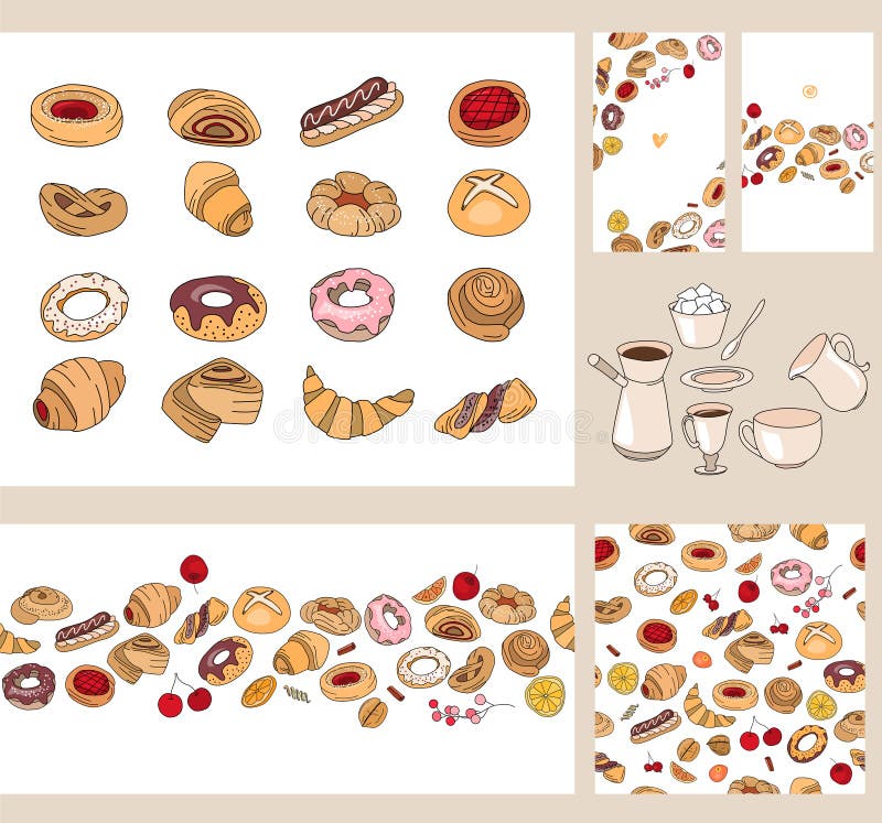 Set with different pastry. stock vector. Illustration of assortment ...