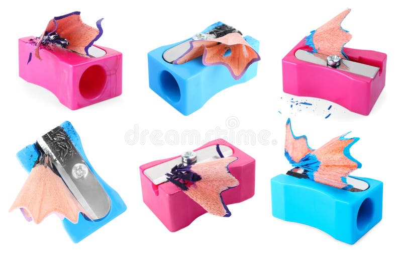 Set with Different Pencil Sharpeners on White Background Stock Image ...