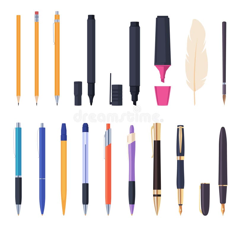 A Set of Different Pens and Pencils. Writing Tools. Vector Illustration ...