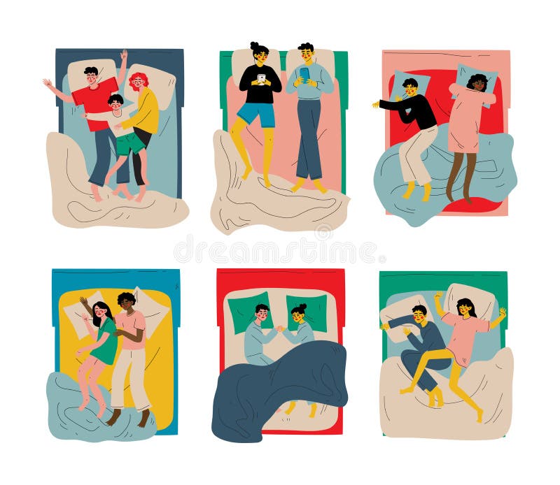Set Of Different People Sleeping And Resting In Beds View From Above