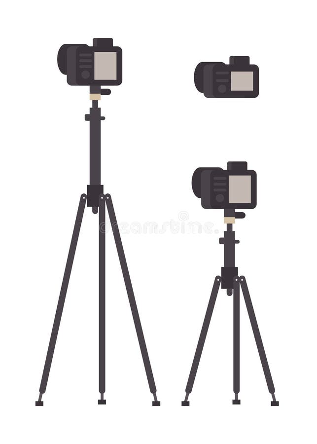 Set of Different Photo Camera Objects with Screen on High Tripod ...
