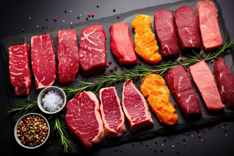 Set of Different Pieces of Raw Meat with Spices, Top View of Meat ...
