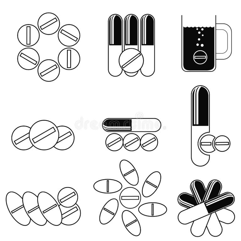 Set of Different Pills Icons Stock Vector - Illustration of outline ...