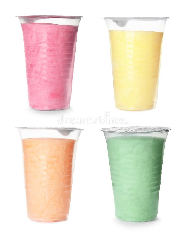 Set of Different Plastic Cups with Colorful Sweet Cotton Candy Stock ...