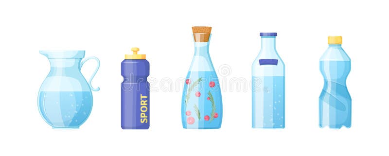 Set of Different Plastic and Glass Reusable Water Bottles Stock Vector ...
