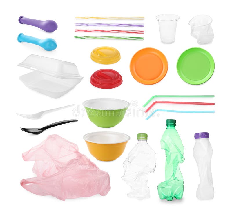 Set with Different Plastic Items on White Background Stock Image ...