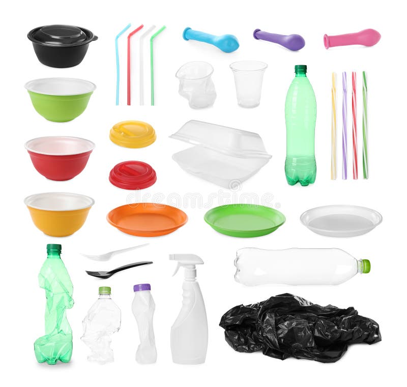 Set with Different Plastic Items on White Background Stock Image ...