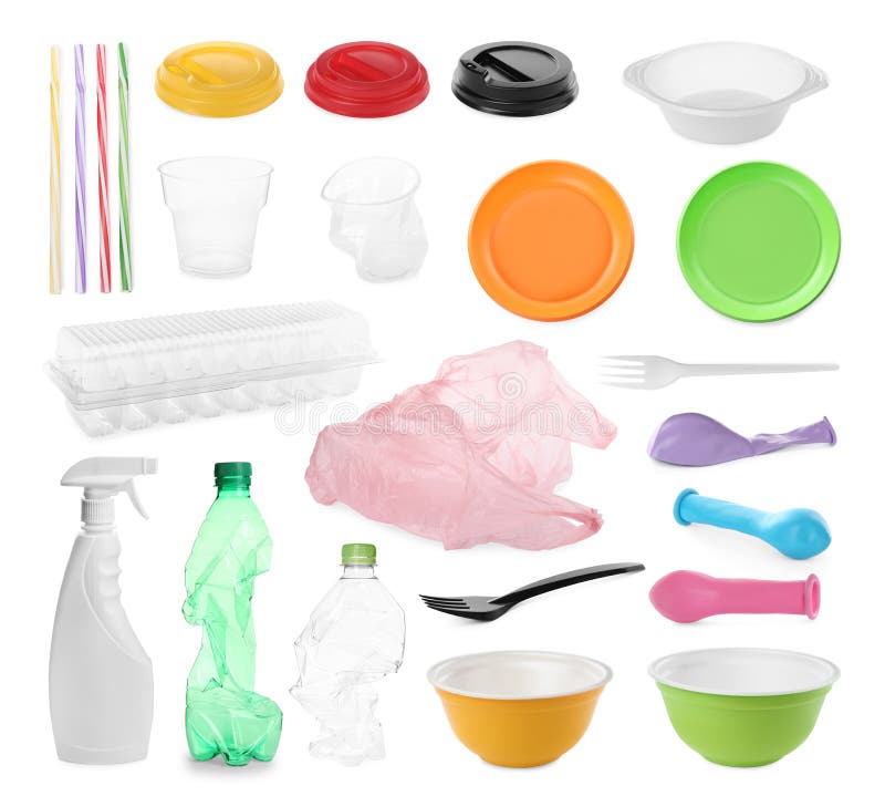 Set with Different Plastic Items on White Background Stock Image ...