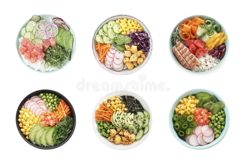 Set of Different Poke Bowls Isolated on White, Top View Stock Photo ...