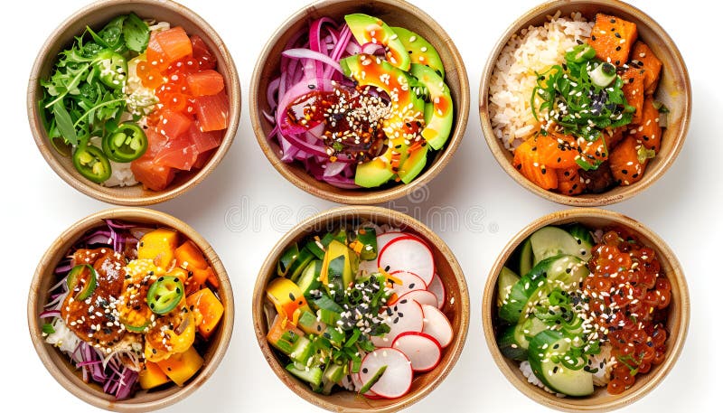 Set of Different Poke Bowls Isolated on White, Top View Stock ...