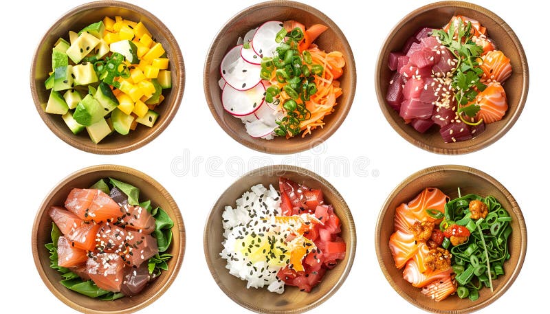 Set of Different Poke Bowls Isolated on White, Top View Stock ...