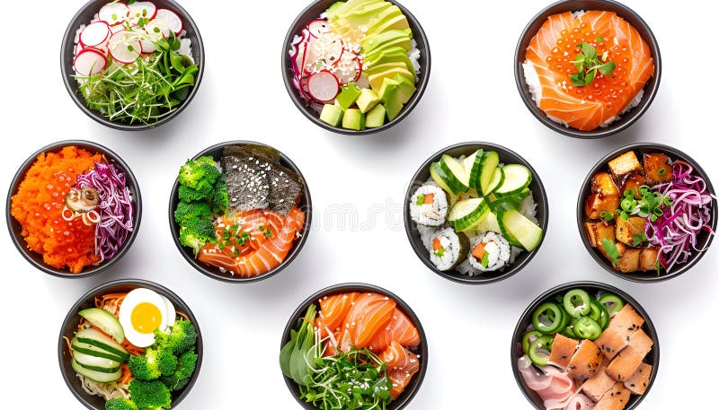 Set of Different Poke Bowls Isolated on White, Top View Stock ...