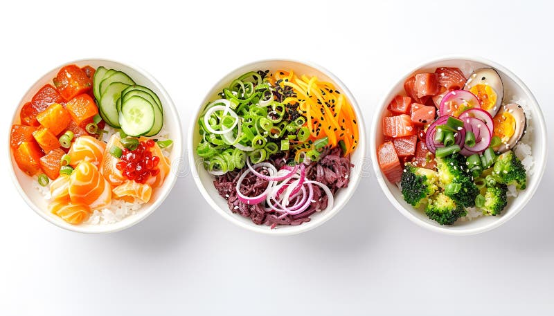 Set of Different Poke Bowls Isolated on White, Top View Stock ...