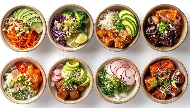 Set of Different Poke Bowls Isolated on White, Top View Stock ...