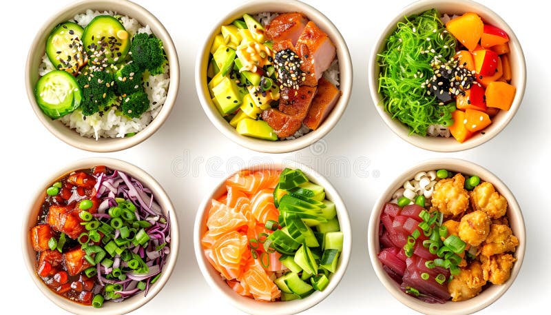 Set of Different Poke Bowls Isolated on White, Top View Stock ...