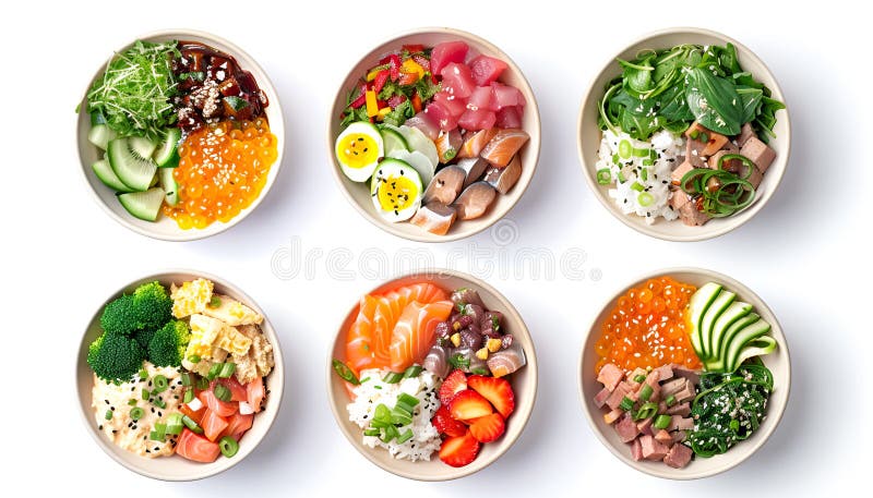 Set of Different Poke Bowls Isolated on White, Top View Stock ...