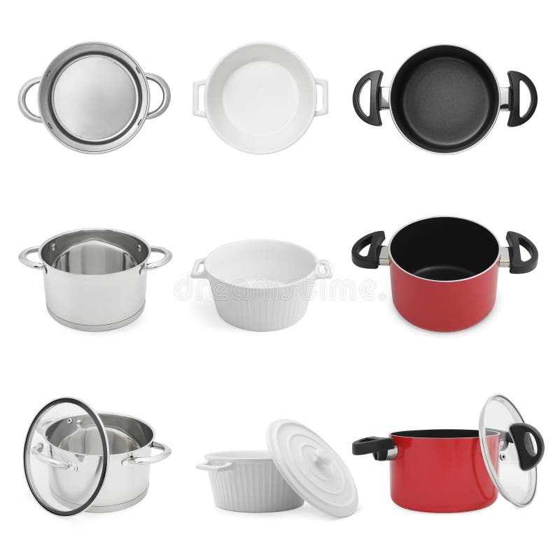 Set with Different Pots Isolated on White Stock Photo - Image of cook ...