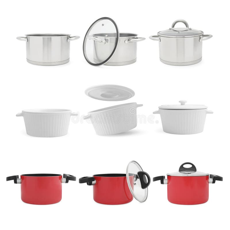 Set with Different Pots Isolated on White Stock Image - Image of group ...