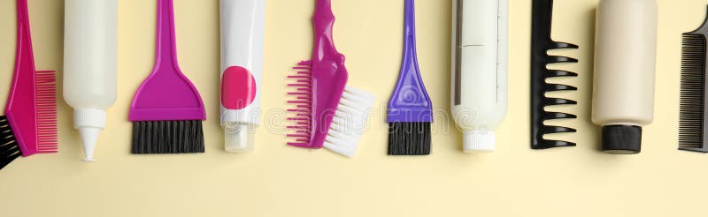 Set of Different Professional Tools for Hair Dyeing on Light Background ...