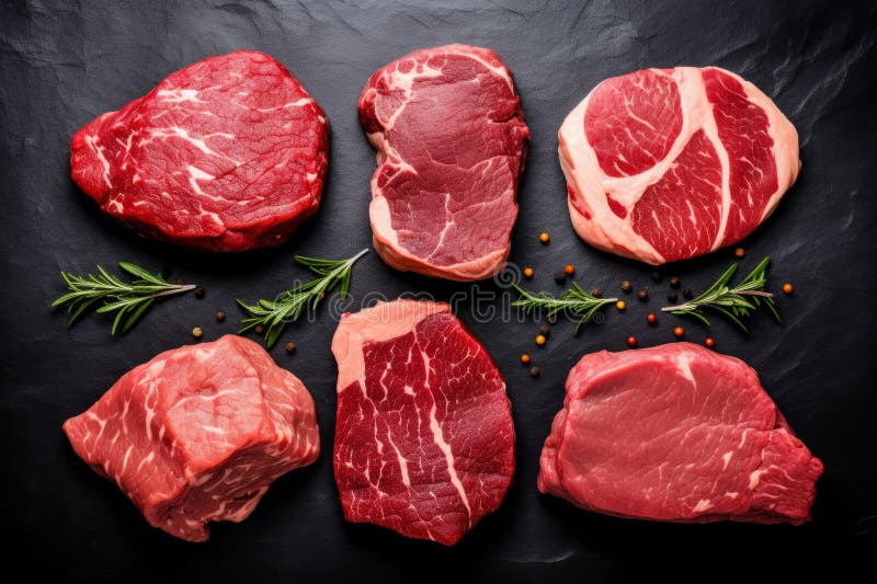 Set of Different Raw Steaks, Top View, Isolated on Black Stock Image ...